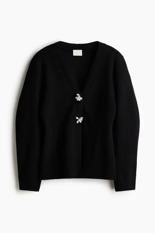 H&m Knitted Cardigan With V-neckline And Button Detail - Black