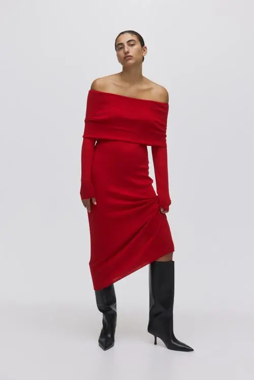 H&m Off-the-shoulder Knit Maxi Dress - Red