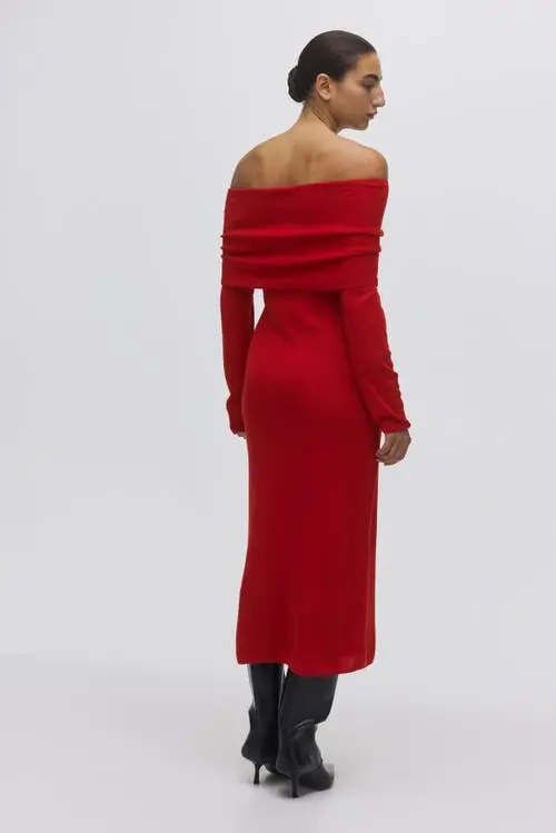 H&m Off-the-shoulder Knit Maxi Dress - Red