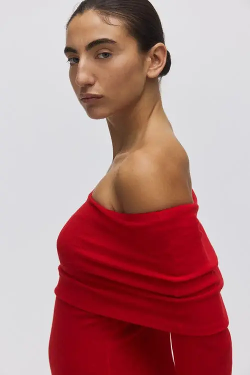 H&m Off-the-shoulder Knit Maxi Dress - Red