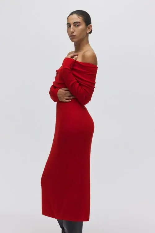 H&m Off-the-shoulder Knit Maxi Dress - Red