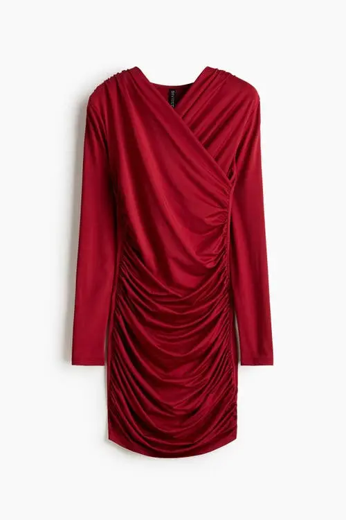 H&m Draped Jersey Mini Dress With V-neckline And Gathers - Red