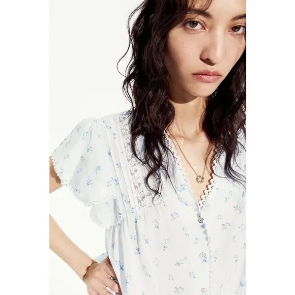 H&m Lace Inset Blouse With Butterfly Sleeves - Light Blue/floral