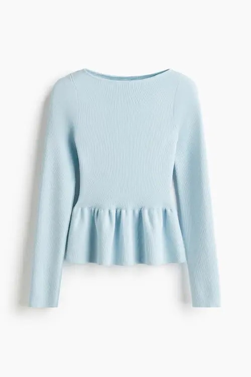 H&M Fine Knit Peplum Top With Boat Neckline And Long Sleeves