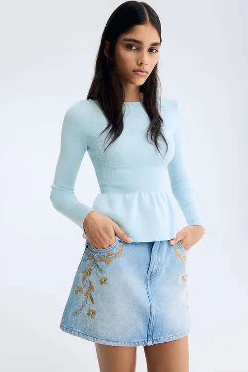 H&M Fine Knit Peplum Top With Boat Neckline And Long Sleeves
