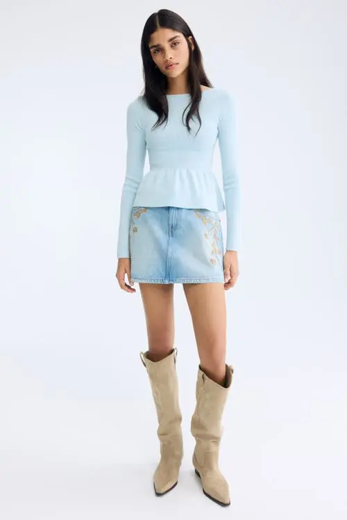 H&M Fine Knit Peplum Top With Boat Neckline And Long Sleeves