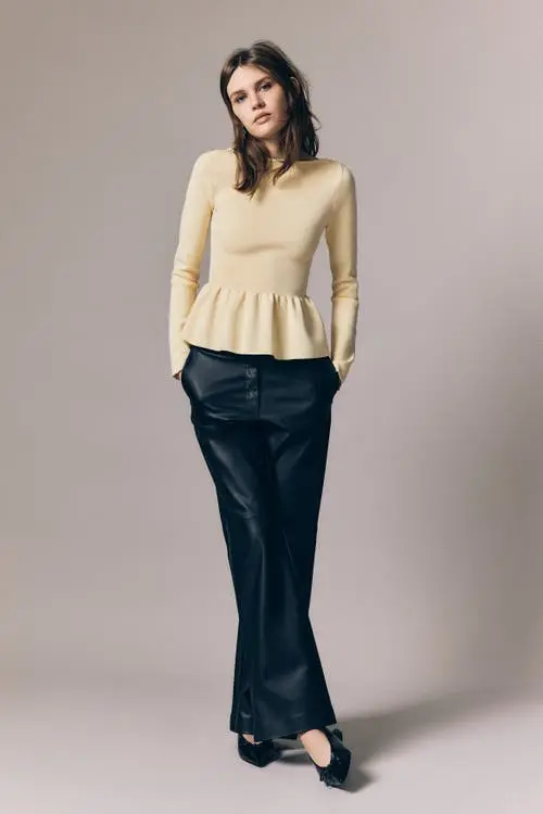 H&m Fine Knit Peplum Top With Boat Neckline And Long Sleeves - Light Yellow