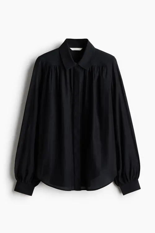 H&m Gathered Balloon Sleeve Blouse - Black