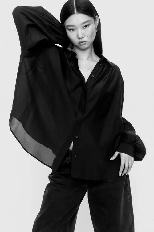 H&m Gathered Balloon Sleeve Blouse - Black
