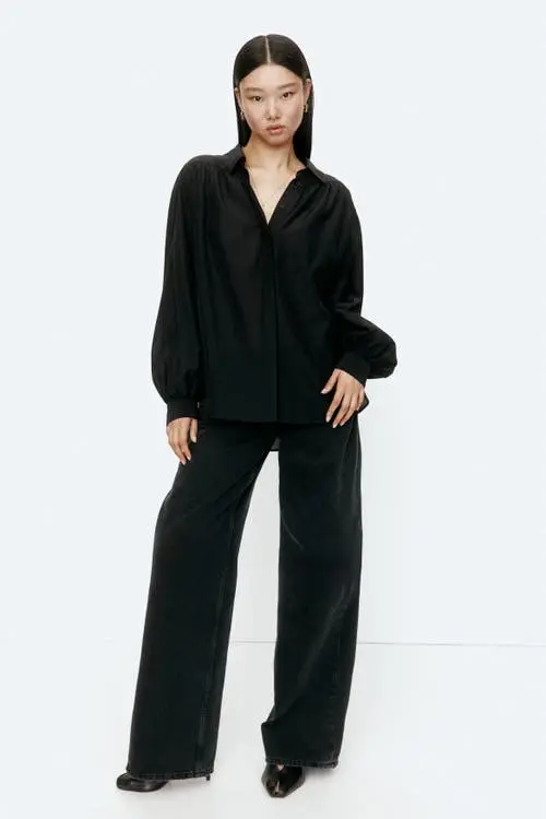 H&m Gathered Balloon Sleeve Blouse - Black