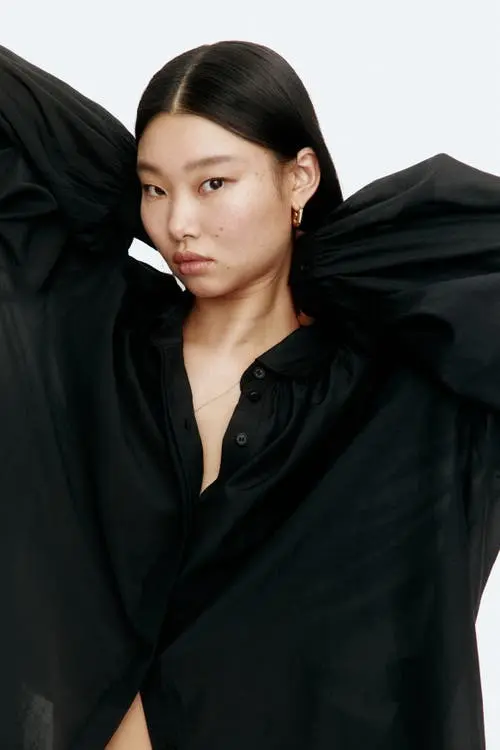 H&m Gathered Balloon Sleeve Blouse - Black