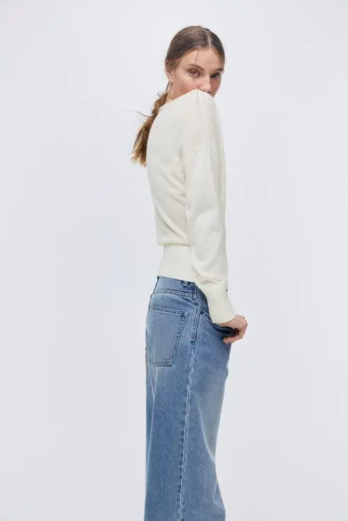 H&m Fine-knit One-shoulder Top With Boat Neckline And Gathered Cuffs - Cream