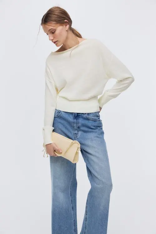 H&m Fine-knit One-shoulder Top With Boat Neckline And Gathered Cuffs - Cream