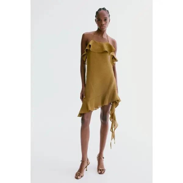 H&m Flounced Halterneck Dress - Dark Khaki Green