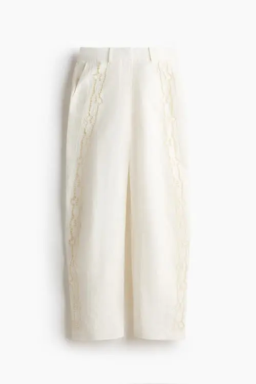 H&m Linen-blend Barrel Leg Trousers With Lace Insets