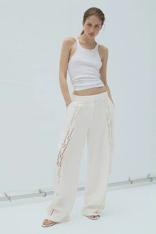 H&m Linen-blend Barrel Leg Trousers With Lace Insets