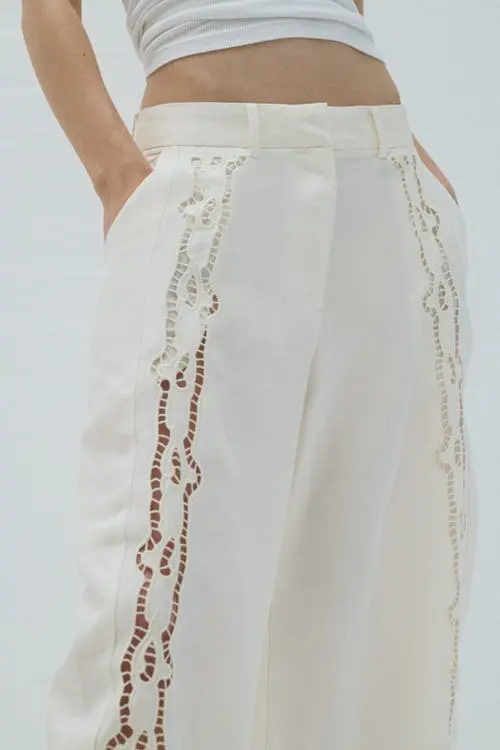 H&m Linen-blend Barrel Leg Trousers With Lace Insets