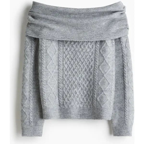 H&m Off-the-shoulder Cable Knit Jumper - Gray Melange
