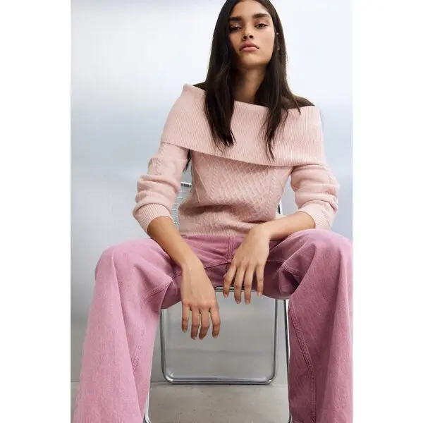 H&m Off-the-shoulder Cable Knit Jumper - Light Pink