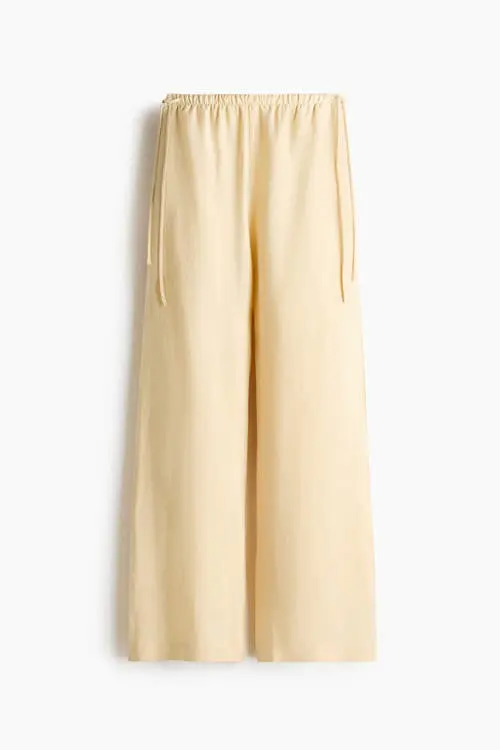 H&m Linen Blend Drawstring Wide Leg Trousers - Yellow