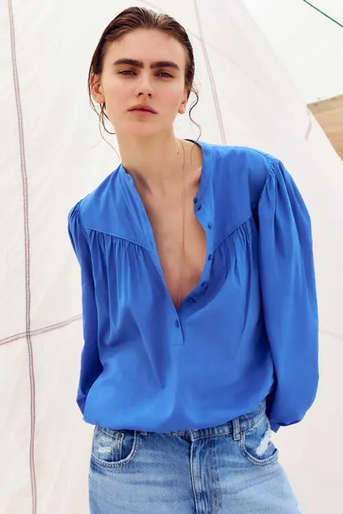 H&m Oversized Blouse With Band Collar And Balloon Sleeves