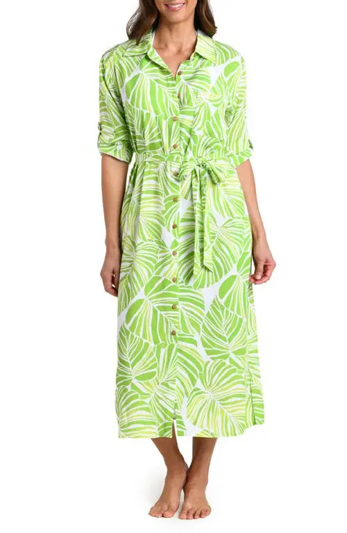 La Blanca Serene Palm Roll Tab Cuff Long Sleeve Cover-up Shirtdress - Apple