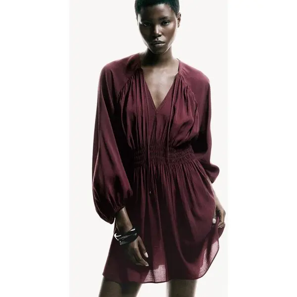 H&m Oversized Tunic Dress With Balloon Sleeves And Paisley Print - Dark Red
