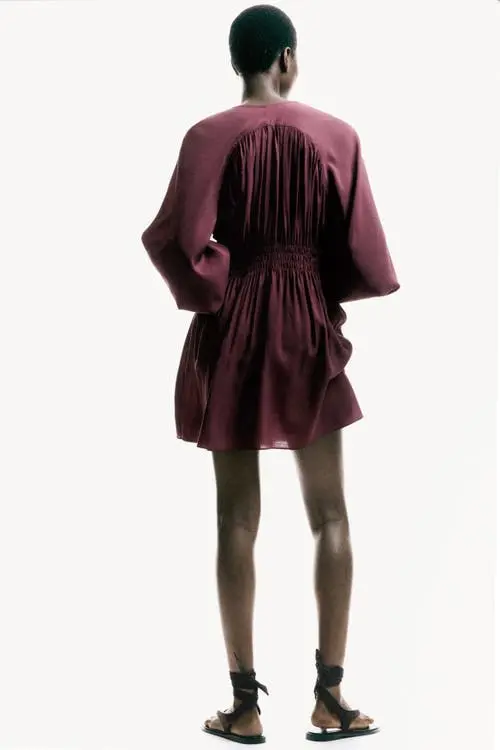 H&m Oversized Tunic Dress With Balloon Sleeves And Paisley Print - Dark Red
