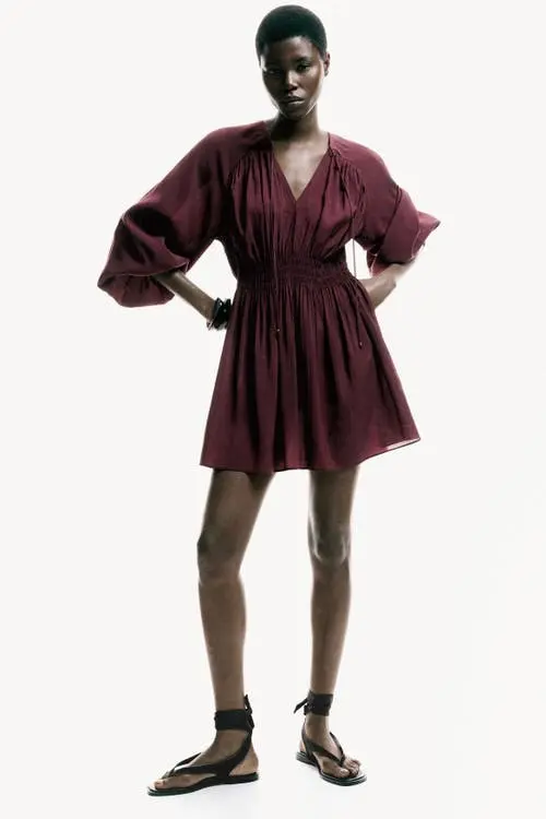 H&m Oversized Tunic Dress With Balloon Sleeves And Paisley Print - Dark Red