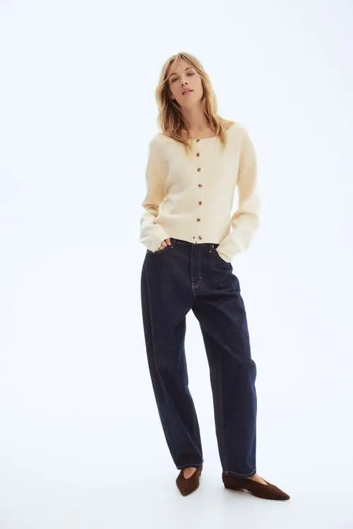 H&m Off-the-shoulder Ribbed Knit Cropped Cardigan