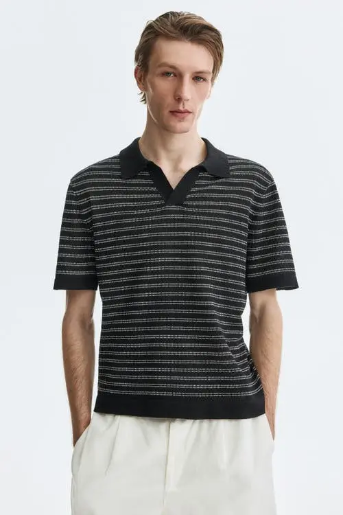 H&m Regular Fit Linen-blend Polo Shirt - Black/striped