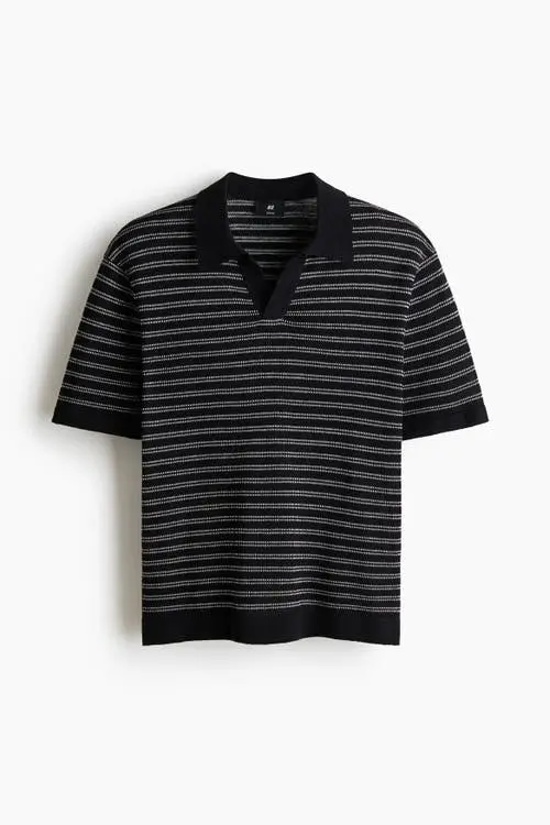 H&m Regular Fit Linen-blend Polo Shirt - Black/striped