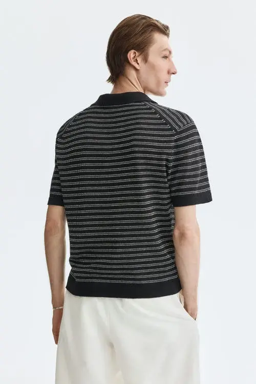 H&m Regular Fit Linen-blend Polo Shirt - Black/striped