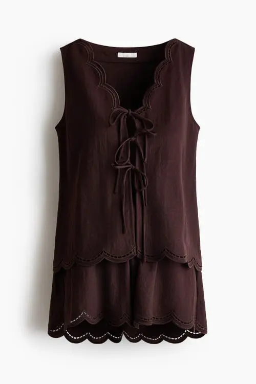 H&m Two-piece Scalloped Broderie Anglaise Set - Dark Brown