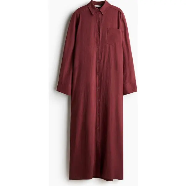 H&m Linen-blend Maxi Shirt Dress With Collared Neckline - Rust Red