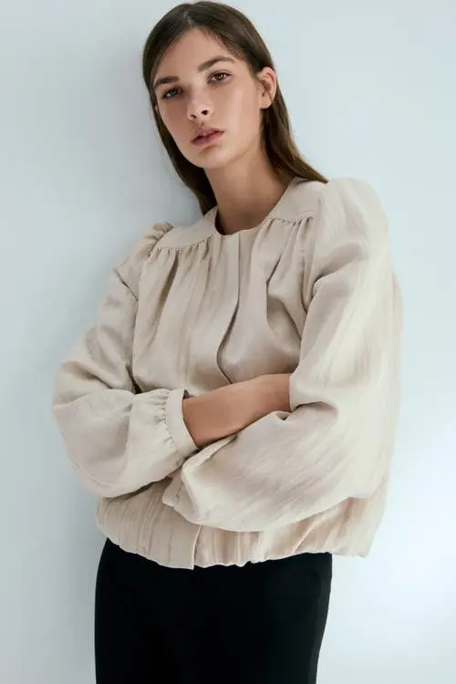 H&m Oversized Twill Jacket With Puff Sleeves - Beige