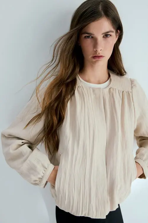 H&m Oversized Twill Jacket With Puff Sleeves - Beige