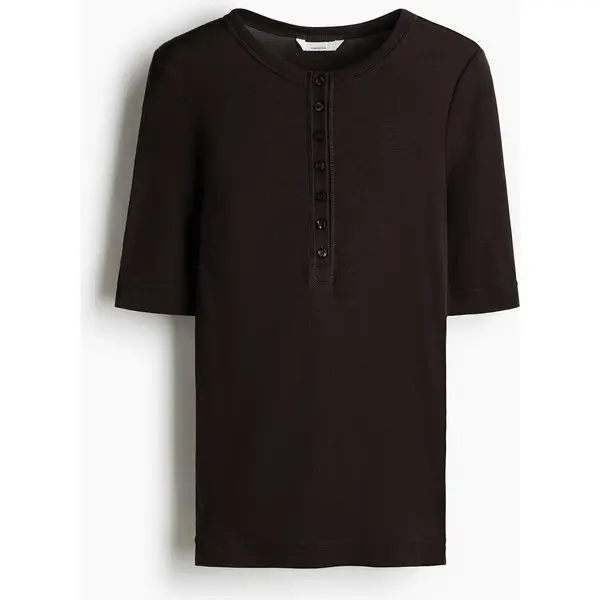 H&m Pima Cotton Fitted Top With Button Placket - Dark Brown