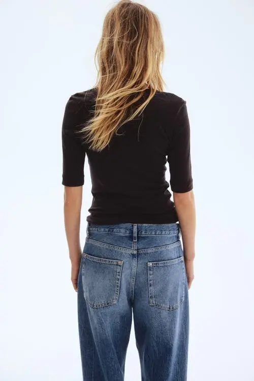 H&m Pima Cotton Fitted Top With Button Placket - Dark Brown