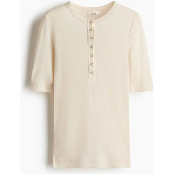 H&m Pima Cotton Sheer Jersey Top With Button Placket - Light Beige