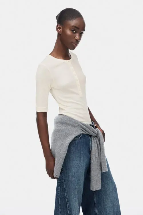 H&m Pima Cotton Sheer Jersey Top With Button Placket - Light Beige