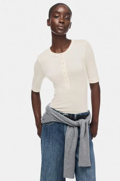 H&m Pima Cotton Sheer Jersey Top With Button Placket - Light Beige