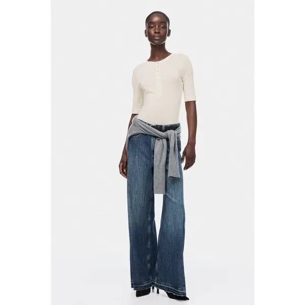 H&m Pima Cotton Fitted Top With Button Placket - Light Beige