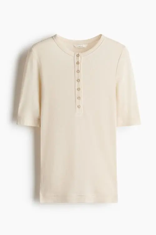 H&m Pima Cotton Fitted Top With Button Placket - Light Beige