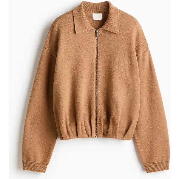 H&m Oversized Zip-through Cardigan With Collar - Dark Beige