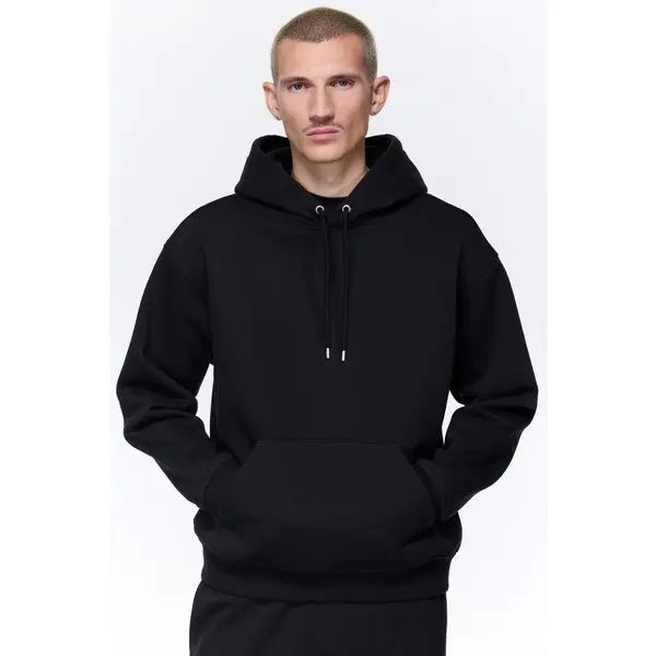 H&M Relaxed Fit Cotton Blend Hoodie With Drawstring Hood - Black
