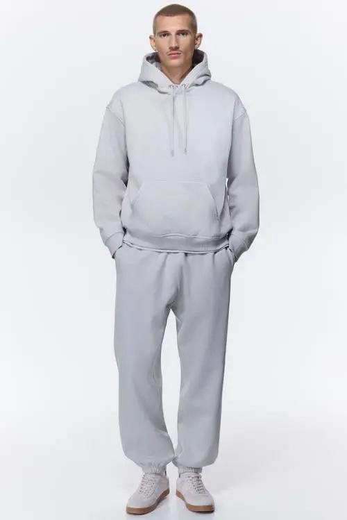 H&m Relaxed Fit Cotton Blend Hoodie With Drawstring Hood - Light Gray