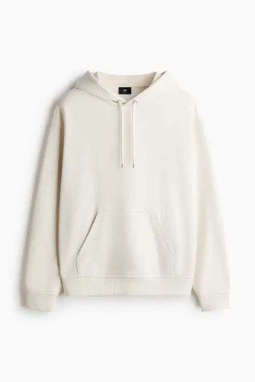 H&M Relaxed Fit Cotton Blend Hoodie With Drawstring Hood - White