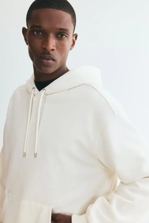 H&M Relaxed Fit Cotton Blend Hoodie With Drawstring Hood - White