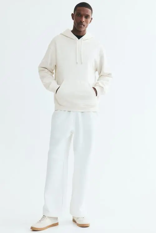 H&M Relaxed Fit Cotton Blend Hoodie With Drawstring Hood - White